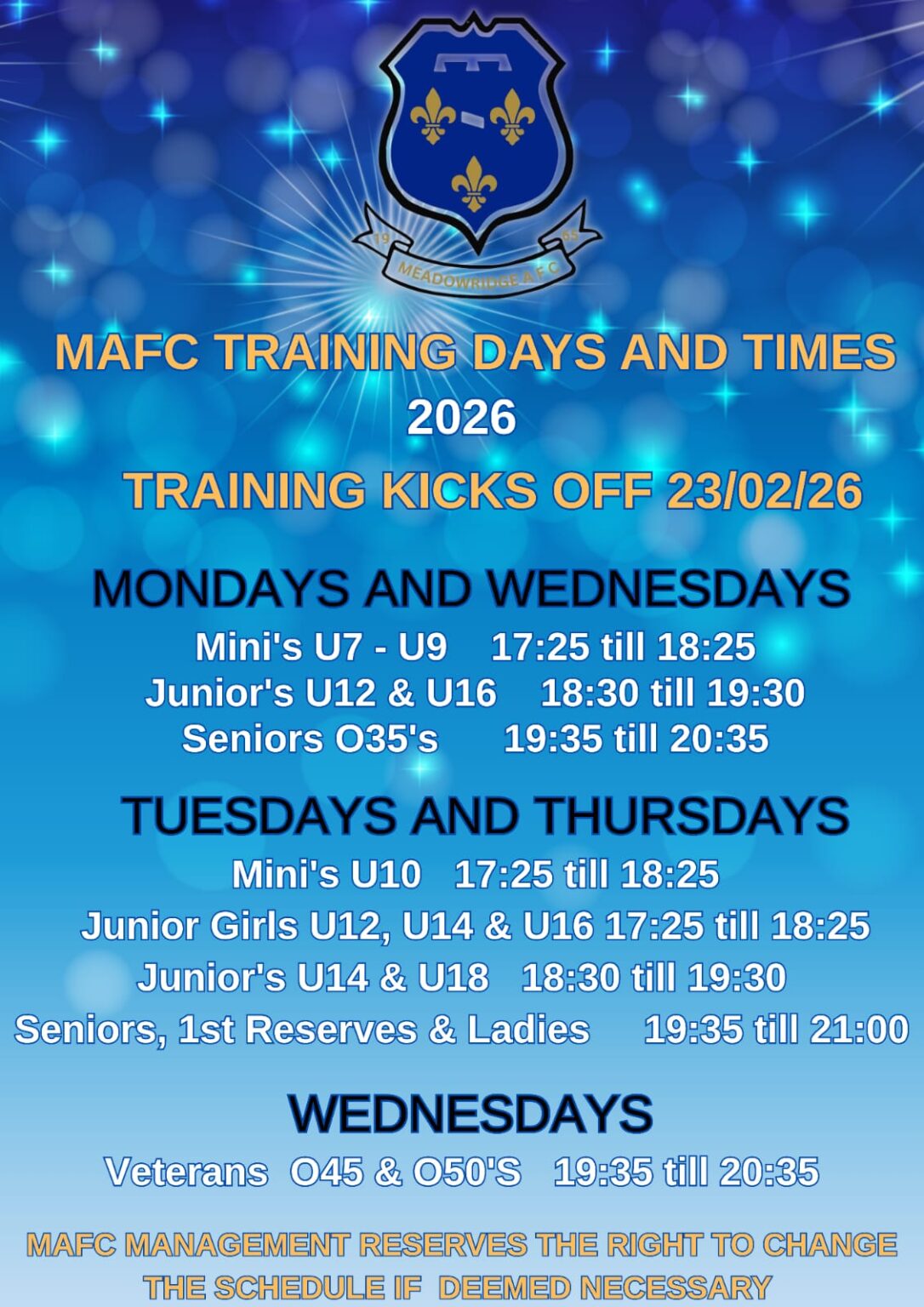 MAFC Training Schedule 2026 | Meadowridge Association Football Club